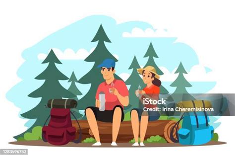 모험 앉아서 휴식을 여행하는 사람들 배낭과 산과 숲에서 트레킹 커플 관광 야외 장면 벡터 일러스트 함께 앉아서 뜨거운 차를