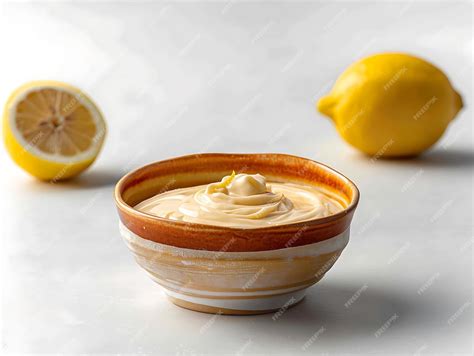 There Is A Bowl Of Mayonna With Lemons In The Background Premium Ai Generated Image