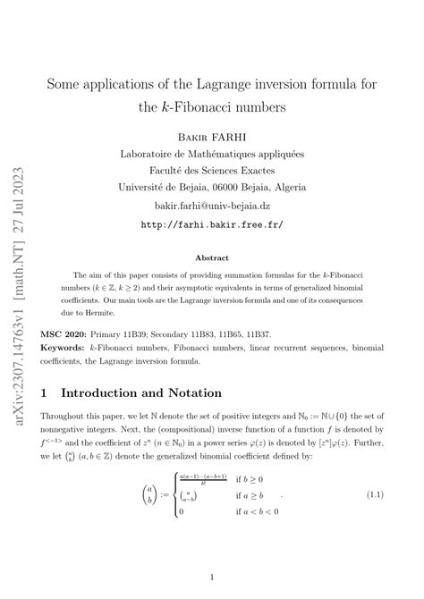 Pdf Some Applications Of The Lagrange Inversion Formula For The K