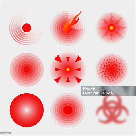 통증 빨간 원 또는 통증 지역화 아이콘 몸 아픈 반점 자국 근육 통 고통스러운 두통 또는 발고 투명한 배경에서 분리된 수중 음파 탐지기 파도 감지기에 대한 스톡 벡터 아트