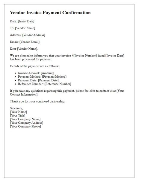 Letter Template For Vendor Payment Confirmation Free Samples In PDF Letterin