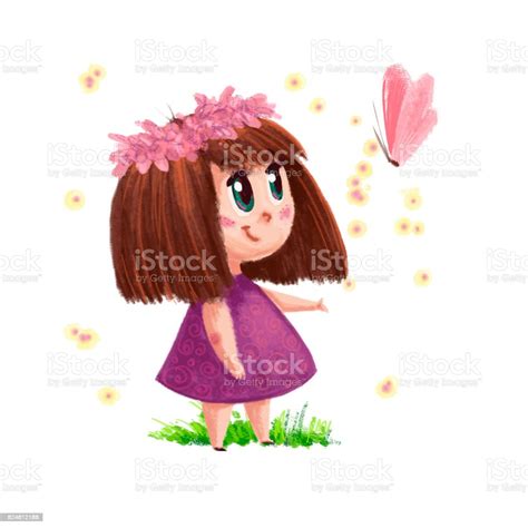나비 흰색 배경에 고립 된 비행 옆 녹색 잔디에 서 있는 갈색 머리와 귀여운 여자의 손으로 그려진된 초상화 자연 요소와 함께 여름 어린이 그림 경외감에 대한 스톡 벡터 아트