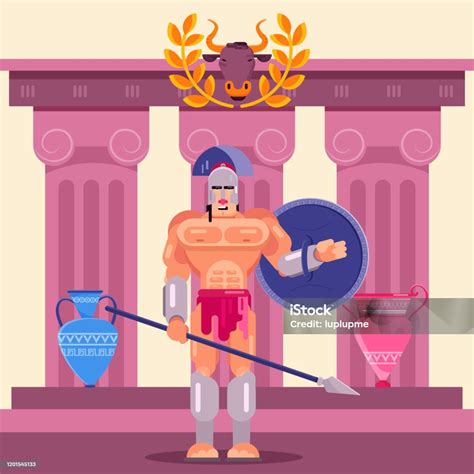 방패 벡터 일러스트 플랫 갑옷검투사 전사 전투기 그리스 로마 의 역사적 인물 남자 무기입니다 고대 그리스 또는 로마 콜론