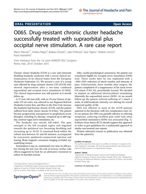 Pdf O065 Drug Resistant Chronic Cluster Headache Successfully Treated With Supraorbital Plus