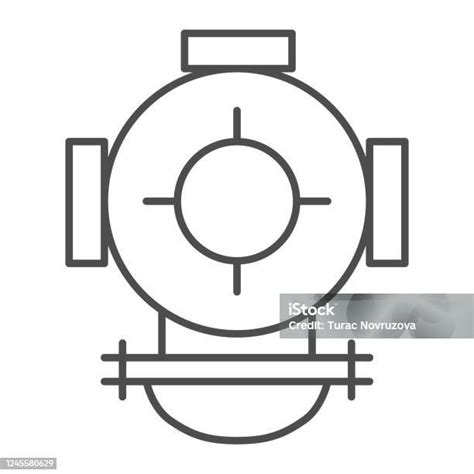 다이빙 헬멧 얇은 라인 아이콘 바다 개념 흰색 배경에 수중 장비 기호 모바일 개념 및 웹 디자인에 대한 개요 스타일의 다이빙 스쿠버 헬멧 아이콘 벡터 그래픽 골동품에 대한