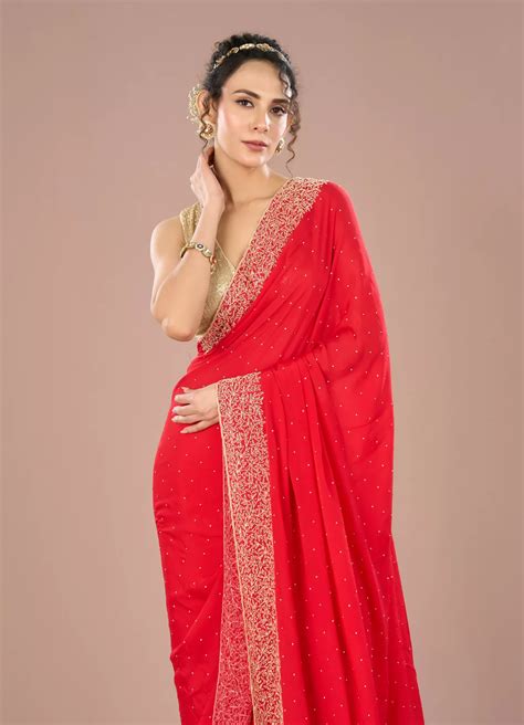 Buy Radiant Red Chinon Saree Online In India Mohey Saree For Women