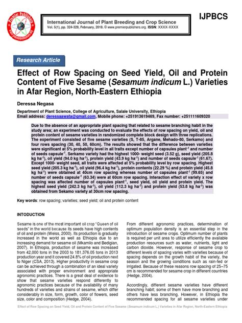 Effect Of Row Spacing On Seed Yield Oil And Protein Content Of Five Sesame Sesamum Indicum L