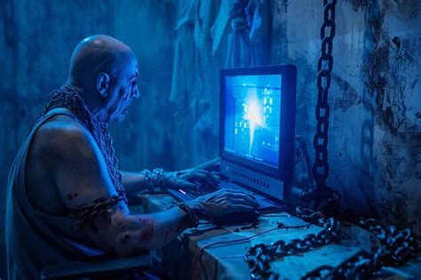 Stunning Depicting Bald Man With Hands Tied In Chains Sitting At Computer With Blue Light Dark