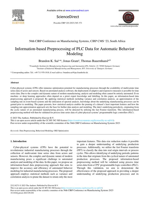 Pdf Information Based Preprocessing Of Plc Data For Automatic Behavior Modeling