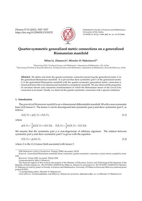 Pdf Quarter Symmetric Generalized Metric Connections On A Generalized