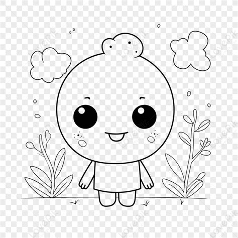 페이지 개요 스케치 드로잉을 색칠하는 식물의 필드에 앉아 귀여운 작은 만화 카와이 소년 벡터라인 아트개요 예술 Png