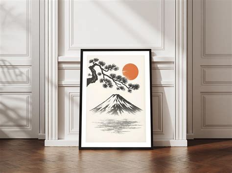 Sumi E Mount Fuji Framed Poster Red Sun Ukiyo E Style Art Ready To