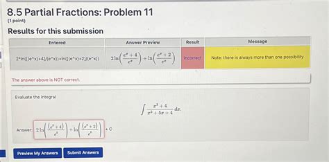 solved 8 5 ﻿partial fractions problem 11 1 ﻿point results