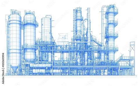 Blueprint Of An Industrial Processing Plant Highlighting Complex Piping And Structural Designs