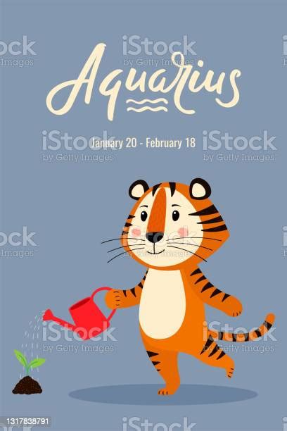 조디악 기호는 물병자리입니다 달이나 중국 달력에 따라 호랑이의 해인 2022년의 상징인 호랑이가 있는 엽서 벡터 스톡 플랫 핸드 그린 일러스트레이션 2022년에 대한 스톡