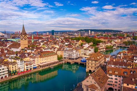 Zurich Switzerland Historic Cityscape On The Limmat River Stock Image