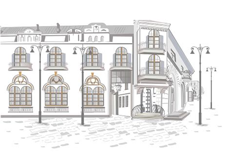 꽃으로 장식 된 배경의 시리즈 올드 타운 전망과 거리 카페 갈색에 대한 스톡 벡터 아트 및 기타 이미지 갈색 거리 건물 정면 Istock