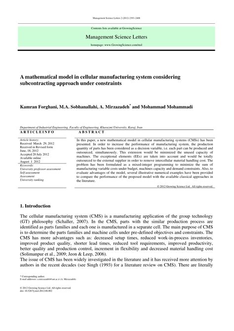 Pdf A Mathematical Model In Cellular Manufacturing System Considering