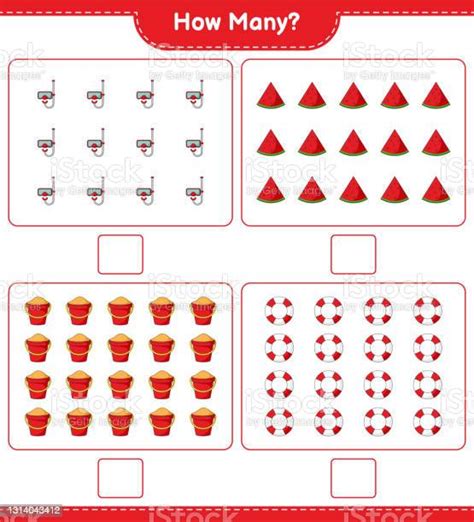 계산 게임 얼마나 많은 수박 구명 부표 스쿠버 다이빙 마스크 모래 양동이 교육 어린이 게임 인쇄 워크 시트 벡터 일러스트레이션 0명에 대한 스톡 벡터 아트 및 기타 이미지