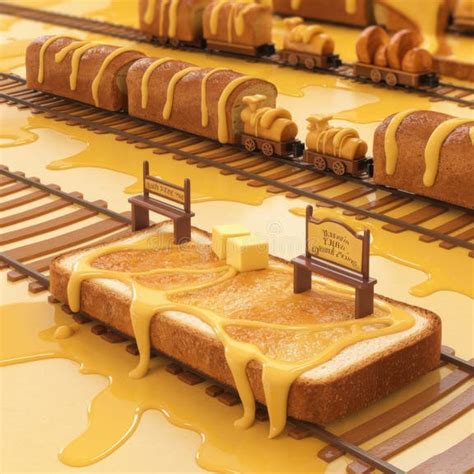 Bread Train Buttered Toast Station Railway Stock Illustration