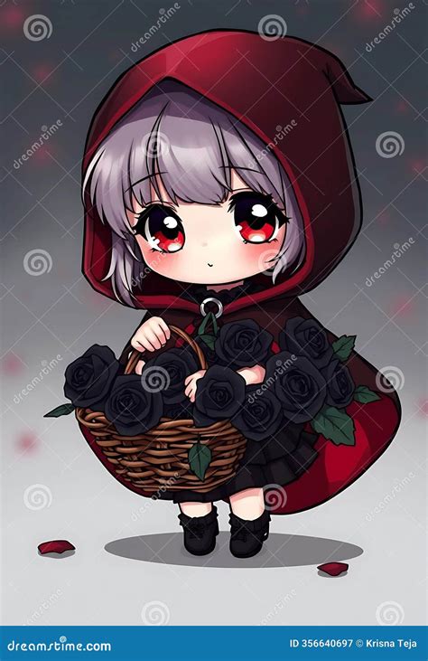 Adorable Chibi Girl In Red Hood Carrying Black Roses Stock Illustration