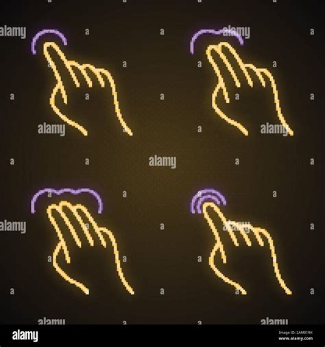 Touchscreen Gestures Neon Light Icons Set Tap Point Click Double