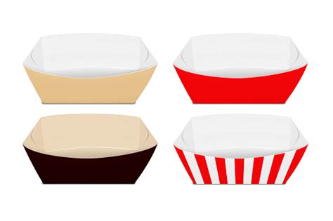 빈 빈 백지 식품 트레이 크래프트 레드 블랙 스트라이프 3d 모형 세트 쉽게 편집 할 수 있습니다 패스트 푸드 스낵 디저트 판지 서빙 보트 컨테이너 포장 사실적인 벡터 모형