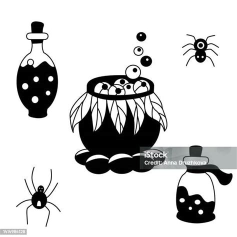 마녀 가마솥 독병 거미가 그려진 할로윈 손으로 그린 세트 0명에 대한 스톡 벡터 아트 및 기타 이미지 0명 가마솥 개체 그룹 Istock