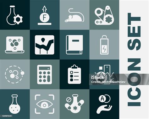 원자 기본 기하학적 모양 배터리 실험 마우스 그래프 차트 인포그래픽 화학 공식 테스트 튜브 및 과학 책 아이콘을 설정합니다 벡터 건강관리와 의술에 대한 스톡 벡터 아트 및