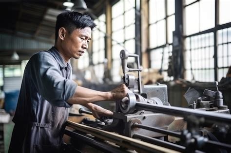 Premium Photo Asian Male Lathe Operator In Hectic Workshop With Glass Windows And Productive