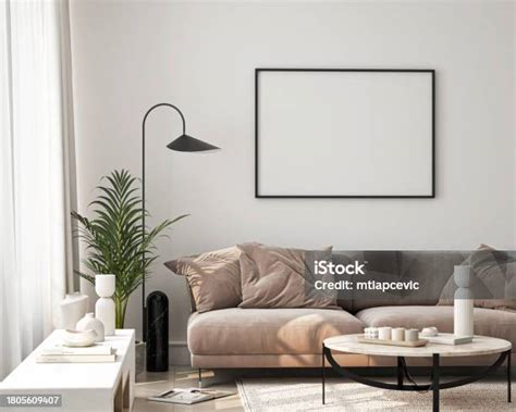 프레임 모형 Iso A 용지 크기 거실 벽 포스터 모형 집 배경이 있는 인테리어 모형입니다 모던한 인테리어 디자인 3d 렌더링