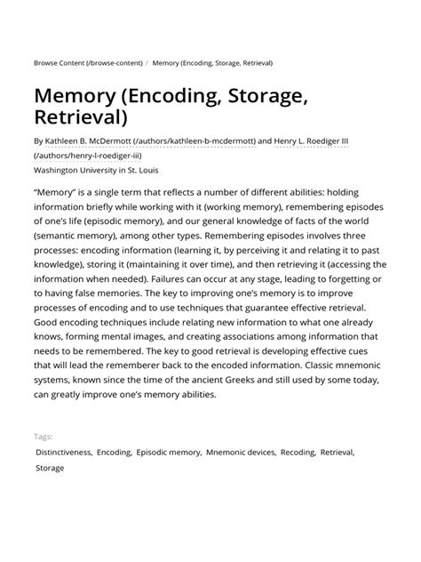 Memory Encoding Storage Retrieval Noba Pdf Recall Memory Memory