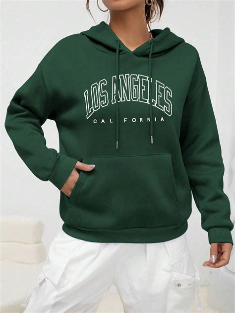Shein Ezwear Letter Graphic Kangaroo Pocket Drop Shoulder Drawstring