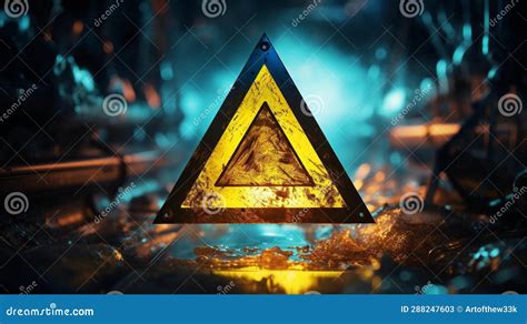 Eerie Urban Warning Sharp Edged Danger Sign Amidst Glowing Geometric Shapes Stock Illustration