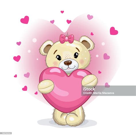 분홍색을 가진 귀여운 테디 베어 소녀는 그녀의 발에 들을 수 있습니다 테디 베어는 분홍색 배경에 하트가 있습니다 발렌타인 데이 또는 생일에 대한 벡터 만화 일러스트레이션