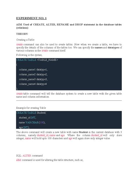 Dbms Lab Lab File Experiment No 1 Aim Used Of Create Alter Rename And Drop Statement In