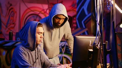 Premium Photo Hacking Group Leader Teaching New Member How To Steal