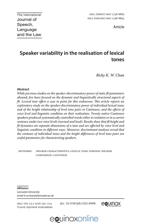 Pdf Speaker Variability In The Realisation Of Lexical Tones