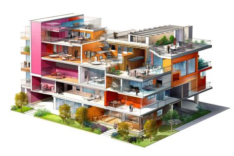 Vibrant Color Sketch Showcases Modern Residential Building Plan Clean Lines Contemporary