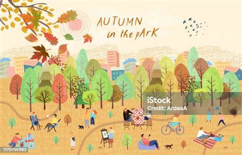 가을 공원에있는 사람들 자연에서 피크닉에 휴식을 갖는 사람들의 벡터 그림 바베큐 어린이 게임 산책과 함께 호수 에서 숲에서 손으로 활동적인 가족 주말 그리기 가을에 대한