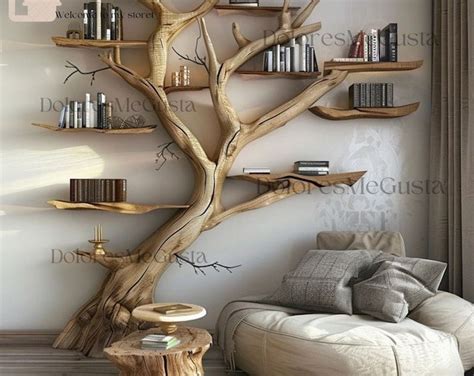 Tree Books Shelf Decor Solid Wood Carving Floating Bookshelf Wall Mount Driftwood Branch Shelves