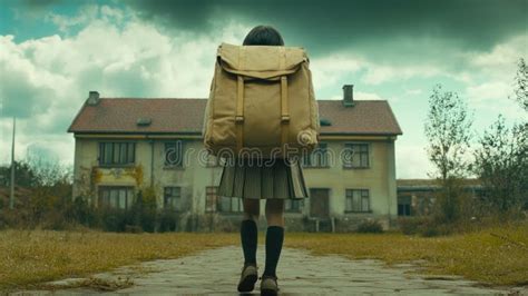 Young Asian Girl With Oversized Backpack Walking Towards Abandoned