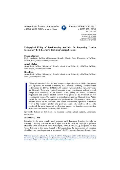 Pdf Pedagogical Utility Of Pre Listening Activities For Improving Iranian Elementary Efl
