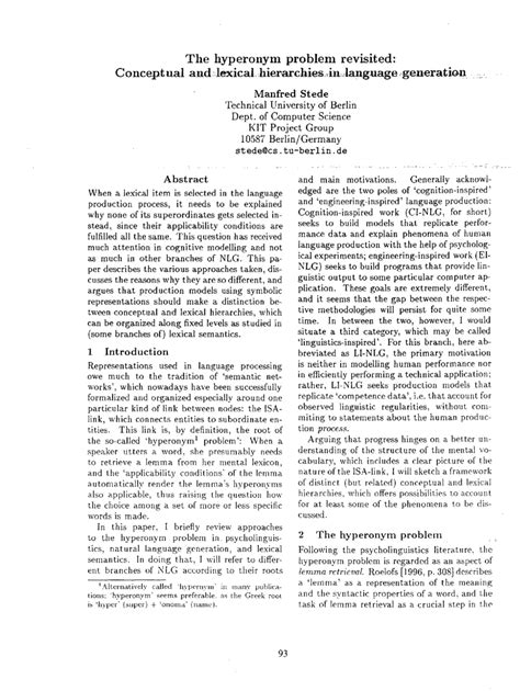 Pdf The Hyperonym Problem Revisited Conceptual And Lexical Hierarchies In Language Generation
