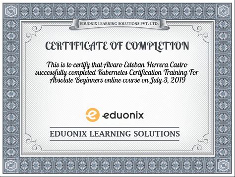 Completion Certificate For Kubernetes Certification Training For