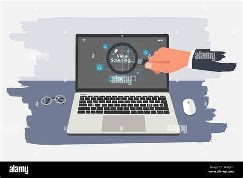 Virus Scanning Process On A Laptop And Hand Holding A Magnifying Glass Anti Virus And Bug