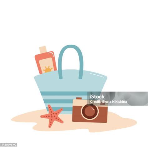 모래 위에 자외선 차단제 카메라 불가사리가 있는 여성용 가방 해변 액세서리의 벡터 그림입니다 바다 휴가 개념 0명에 대한 스톡 벡터 아트 및 기타 이미지 Istock
