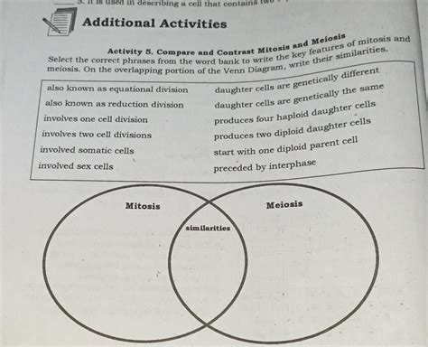 Additional Activities Activity 5 Compare And Contrast Mitosis And