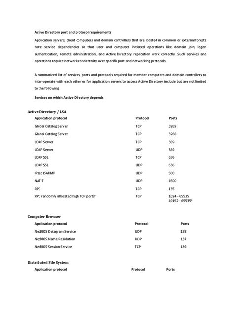 Active Directory Port And Protocol Requirements Pdf Port Computer