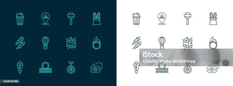 마술사 모자와 토끼 귀 롤러코스터 깃발이 달린 카니발 화환 외발자전거 열기구 롤리팝 골판지 상자에 담긴 팝콘 서커스 텐트 아이콘을 설정하세요 벡터 1에 대한 스톡 벡터 아트